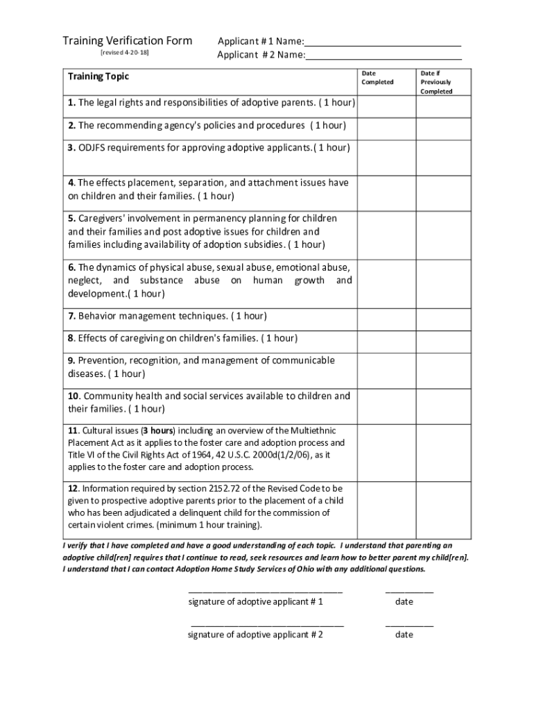 Fillable Online Training Verification Form Applicant # 1 Name: Fax ...