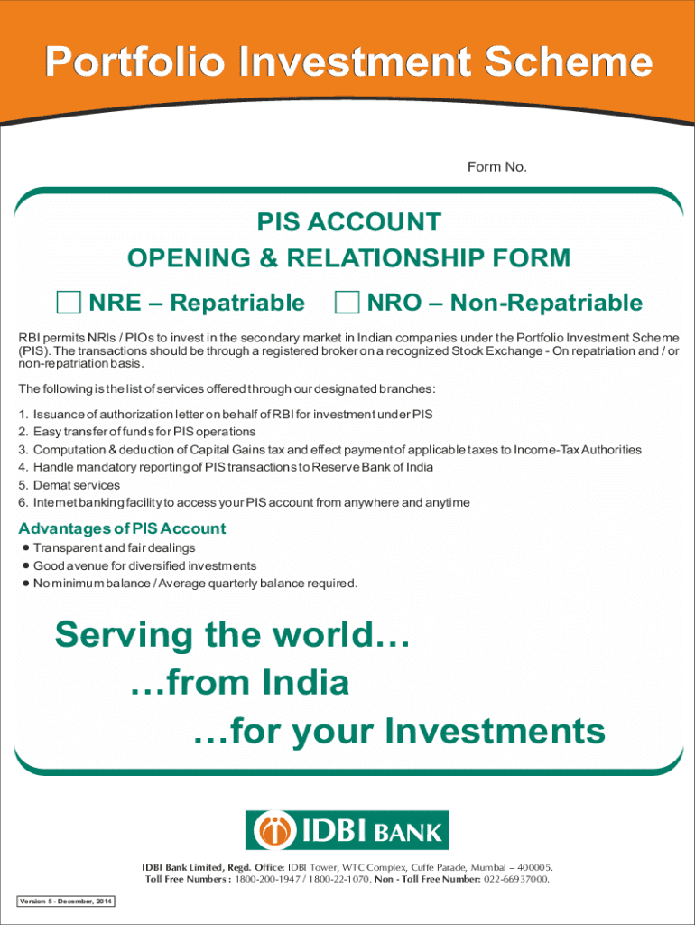 Fillable Online NRI PORTFOLIO INVESTMENT SCHEME (PIS) ACCOUNT OPENING ...