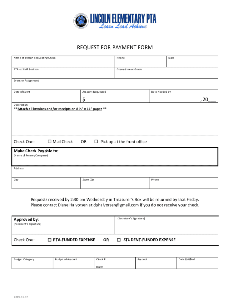 Fillable Online LINCOLN ELEMENTARY SCHOOL PTA FINANCIAL RECEIPT FORM ...