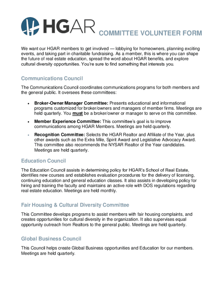 Fillable Online COMMITTEE VOLUNTEER FORM - HGAR Fax Email Print - pdfFiller