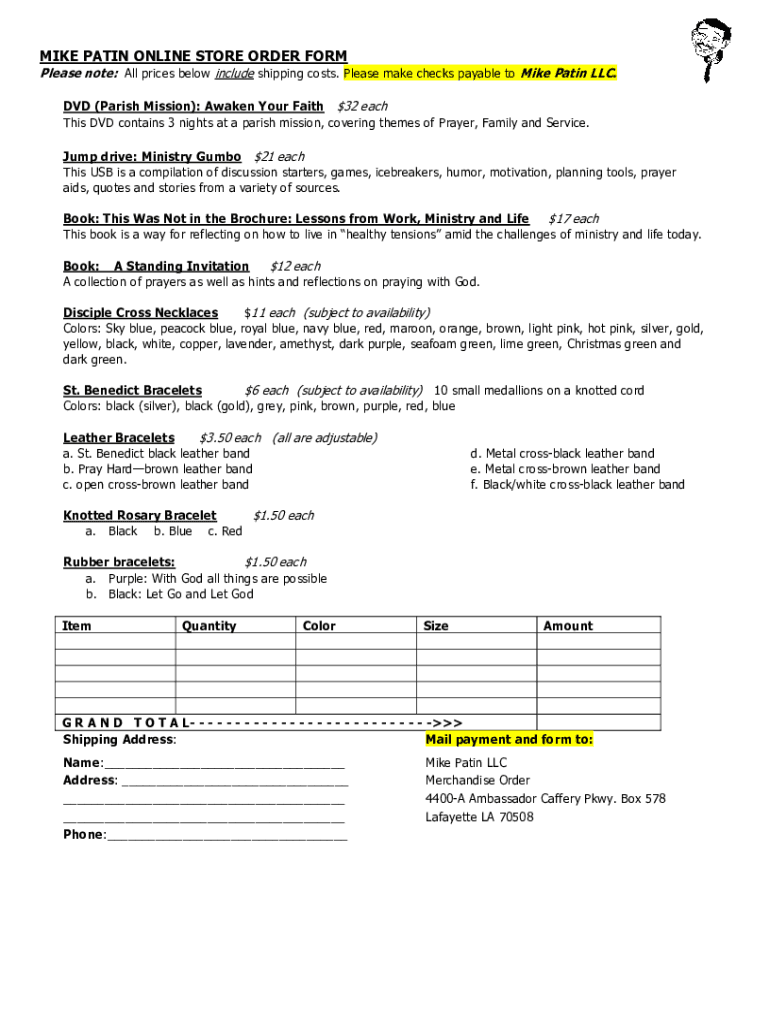 Fillable Online MIKE PATIN ONLINE STORE ORDER FORM Fax Email Print ...