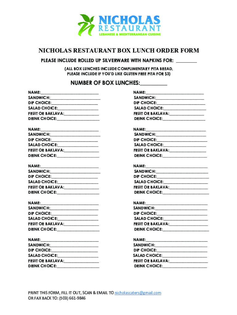 Fillable Online A BOX LUNCH ORDER FORM.docx Fax Email Print - pdfFiller
