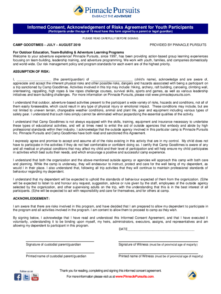 Fillable Online INFORMED CONSENT AND ACKNOWLEDGEMENT OF RISK Youth ...