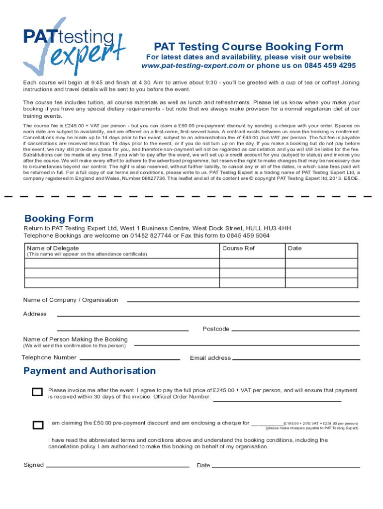 Fillable Online PAT Testing Course Booking Form Fax Email Print - pdfFiller