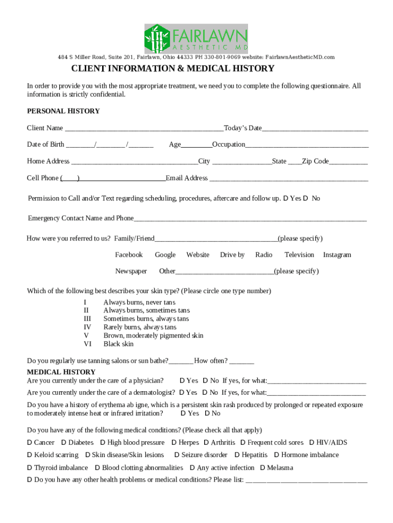 Client Ination and Medical History - Fairlawn Aesthetic MD Doc Template | pdfFiller