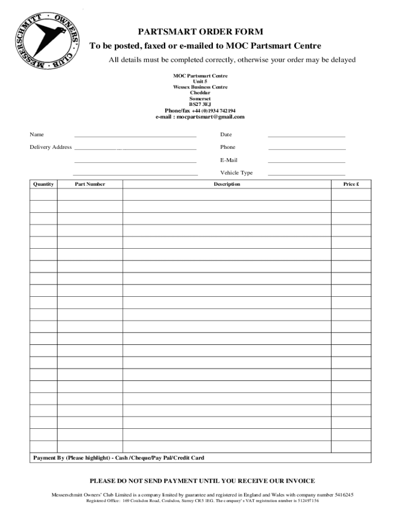 Fillable Online PARTSMART ORDER FORM To be posted, faxed or e ...