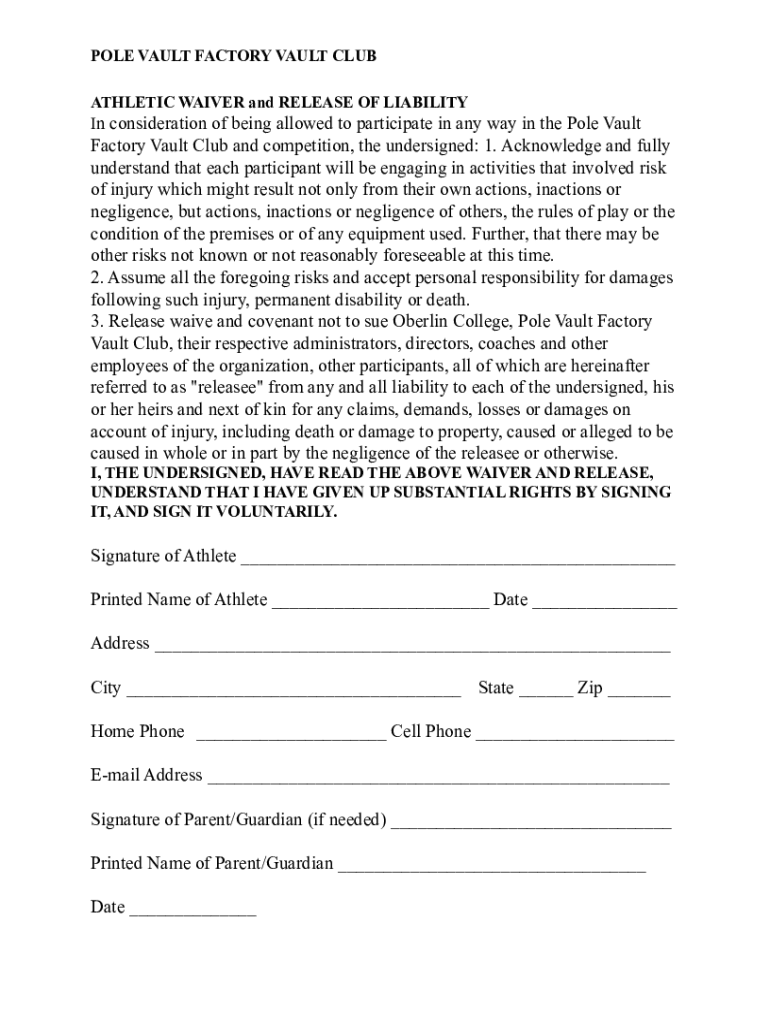 Fillable Online POLE VAULT FACTORY VAULT CLUB ATHLETIC WAIVER and ...