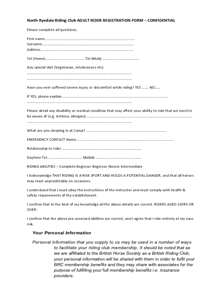 Fillable Online nrrc co Adult rider reg form Fax Email Print - pdfFiller
