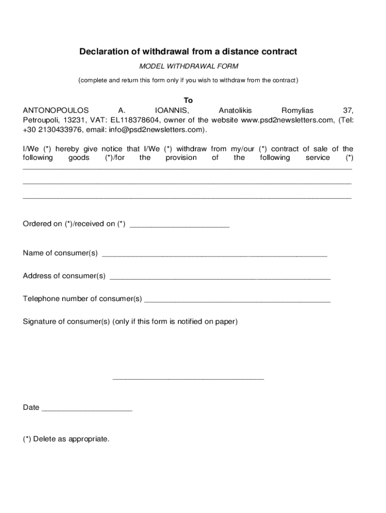 Fillable Online Declaration of withdrawal from a distance contract Fax ...