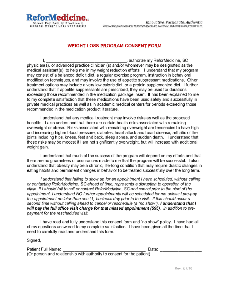 Fillable Online Weight Loss Program Consent Form - Medical Spa Weight ...