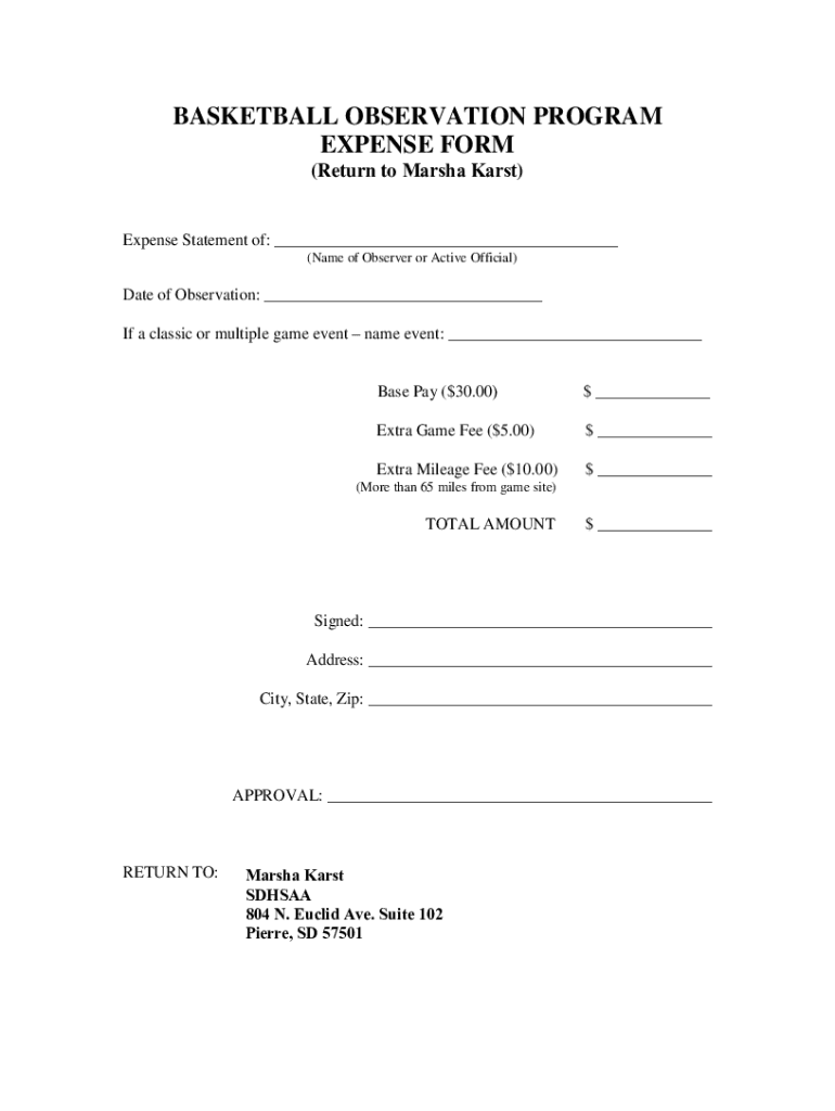 Fillable Online BASKETBALL OBSERVATION PROGRAM EXPENSE FORM Fax Email ...