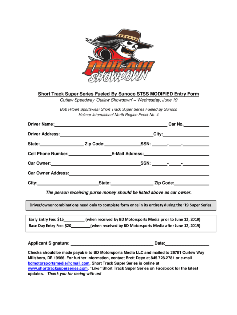 Fillable Online Short Track Super Series Fueled By Sunoco STSS MODIFIED ...