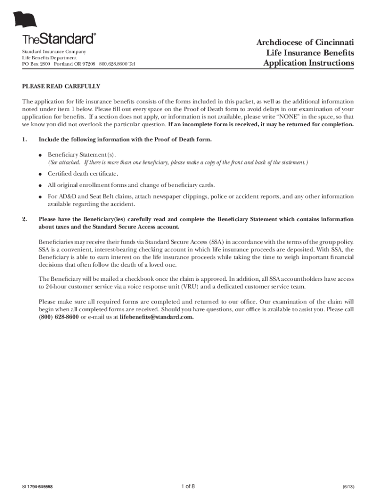 Fillable Online Life Claim Packet - Archdiocese of Cincinnati ...