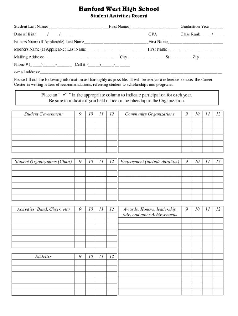Fillable Online Student Activities Record Fax Email Print - pdfFiller