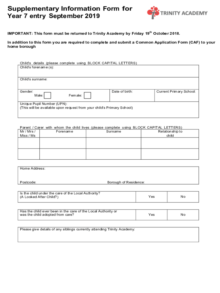 Fillable Online Supplementary Information Form for - Trinity Academy, Brixton Fax Email Print ...