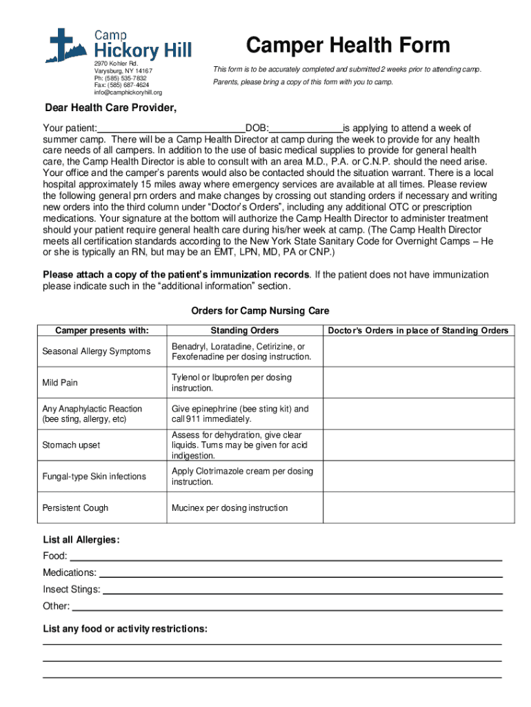 Fillable Online CHH Camper Health Form Fax Email Print - pdfFiller
