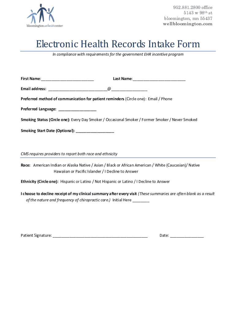 Fillable Online Electronic Health Records Intake Form - Manchester ...