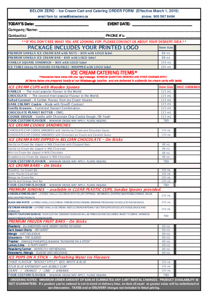 Fillable Online BELOW ZERO - Ice Cream Cart and Catering ORDER FORM ...