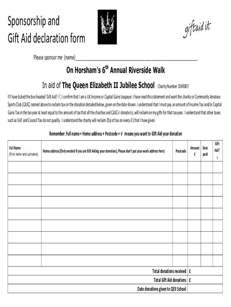 Fillable Online Charities: Sponsorship and Gift Aid declaration form ...