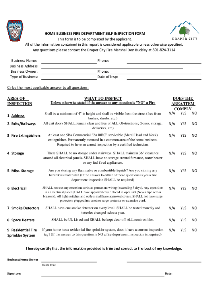 Fillable Online HOME BUSINESS FIRE DEPARTMENT SELF INSPECTION FORM This ...