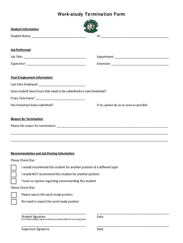 Fillable Online Work-study Termination Form - Roswell Fax Email Print - pdfFiller