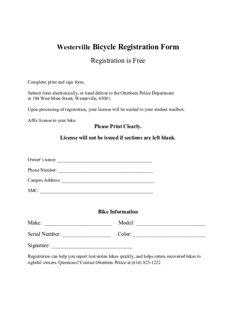 Fillable Online Westerville Bicycle Registration Form - Otterbein ...
