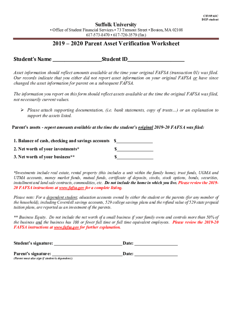 Fillable Online 2020-2021 Parent Only Asset Verification Worksheet ...
