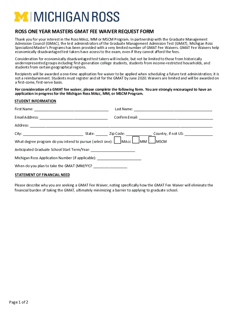 Fillable Online ROSS ONE YEAR MASTERS GMAT FEE WAIVER REQUEST FORM Fax Email Print - pdfFiller
