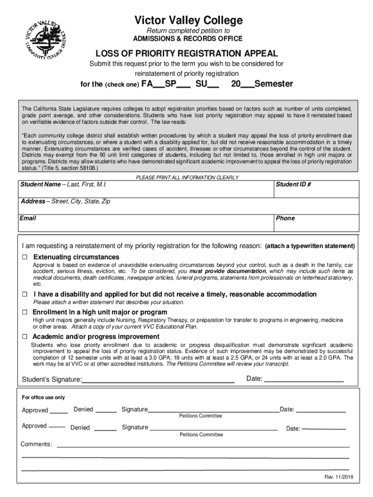Fillable Online Return Completed form to Admissions ... - Victor Valley ...