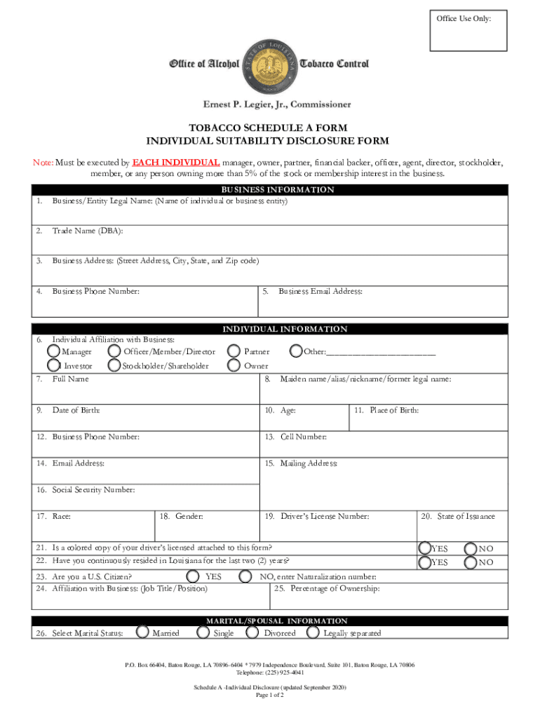 Fillable Online TOBACCO SCHEDULE A FORM INDIVIDUAL SUITABILITY ...