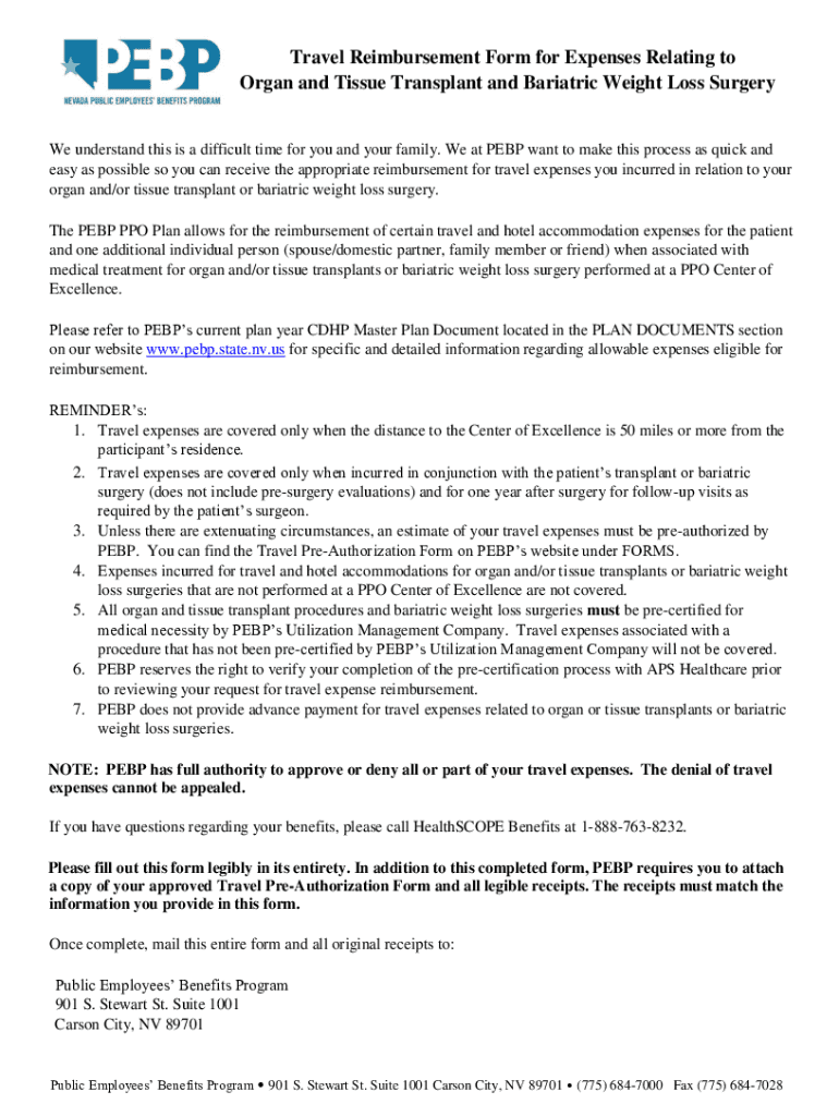 Fillable Online pebp state nv Post-Travel Reimbursement Request Form for Organ/Tissue ... Fax ...