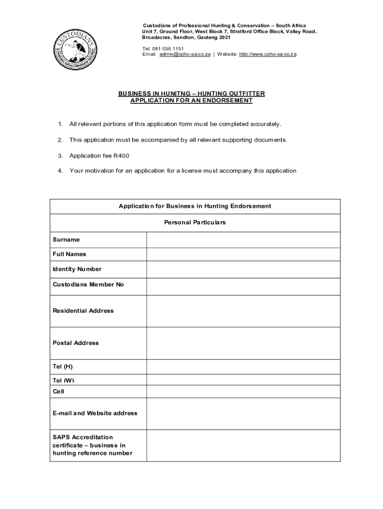 Fillable Online BUSINESS IN HUNITNGHUNTING OUTFITTER APPLICATION FOR AN ... Fax Email Print ...