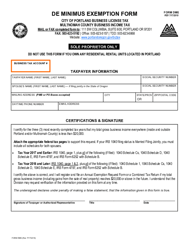 Fillable Online Download PDF file Form DME - De Minimus Exemption Form ...