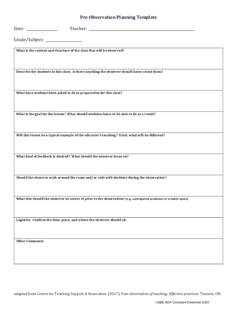 Fillable Online Forms.Pre Observation Planning Template Fax Email Print ...