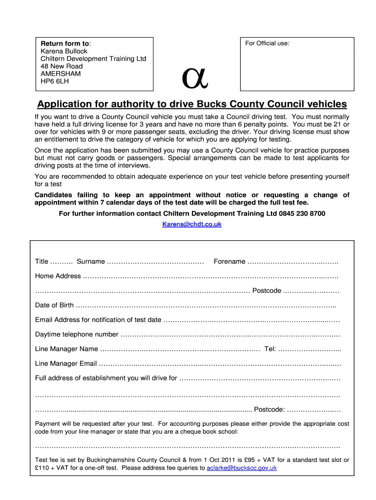 Fillable Online chilterndrivertraining co Bucks County Council Driving ...