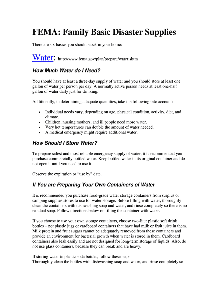 Fillable Online transweb sjsu FEMA Family Basic Disaster Supplies ...