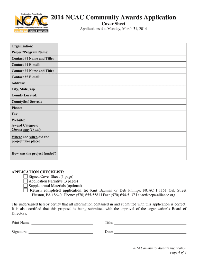 Fillable Online nepa-alliance 2014 NCAC Community Awards Application ...