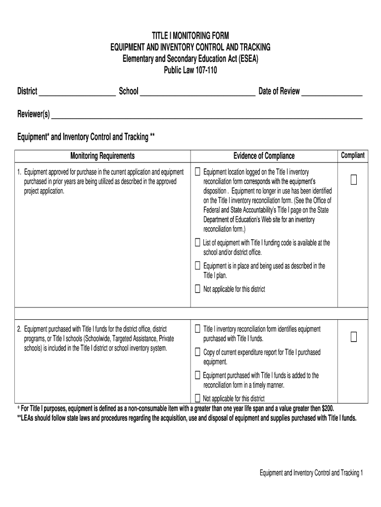 Fillable Online TITLE I MONITORING FORM EQUIPMENT AND INVENTORY CONTROL ...