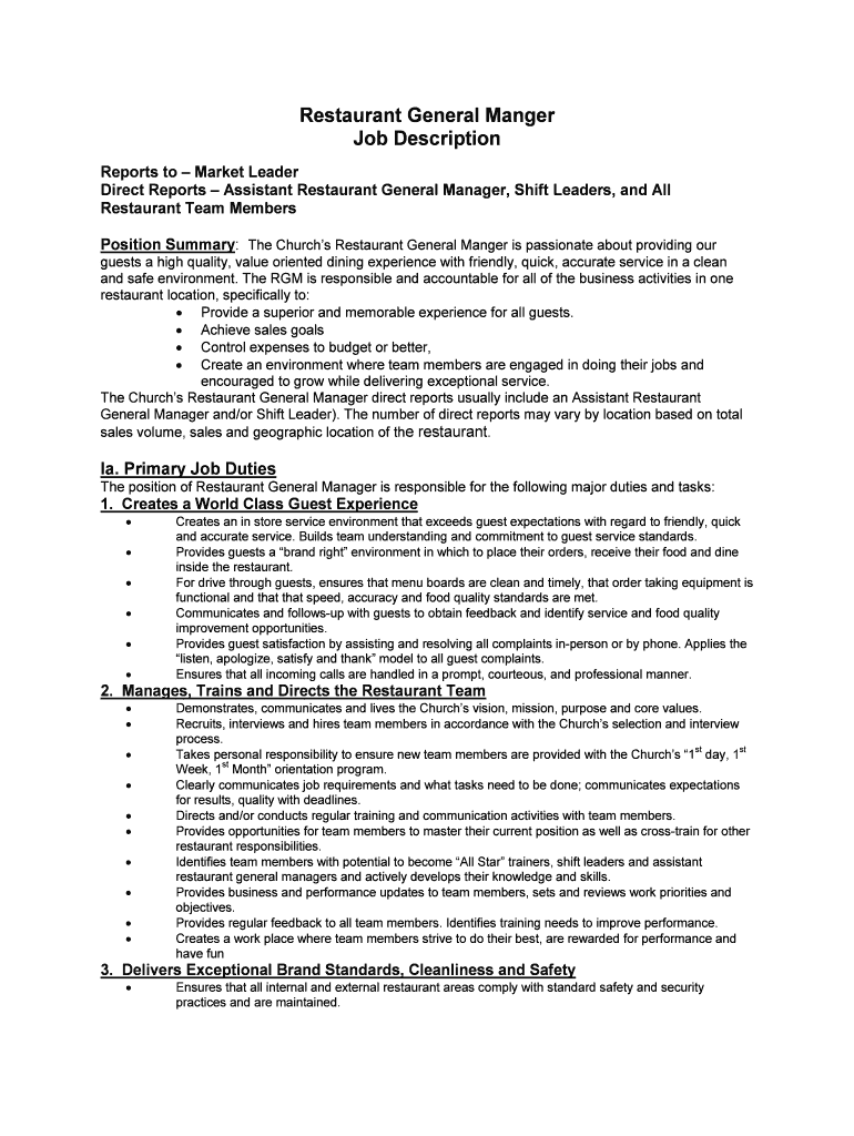 Fillable Online Restaurant General Manger Job Description Fax Email ...