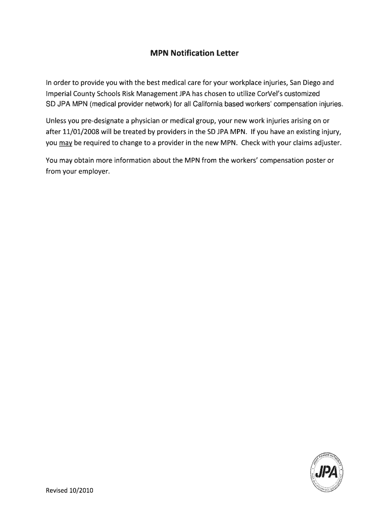 Fillable Online MPN Not tification L Letter Fax Email Print - pdfFiller