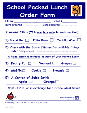 Fillable Online Packed Lunch Order Form 2013-14 - Microsoft Office Fax ...