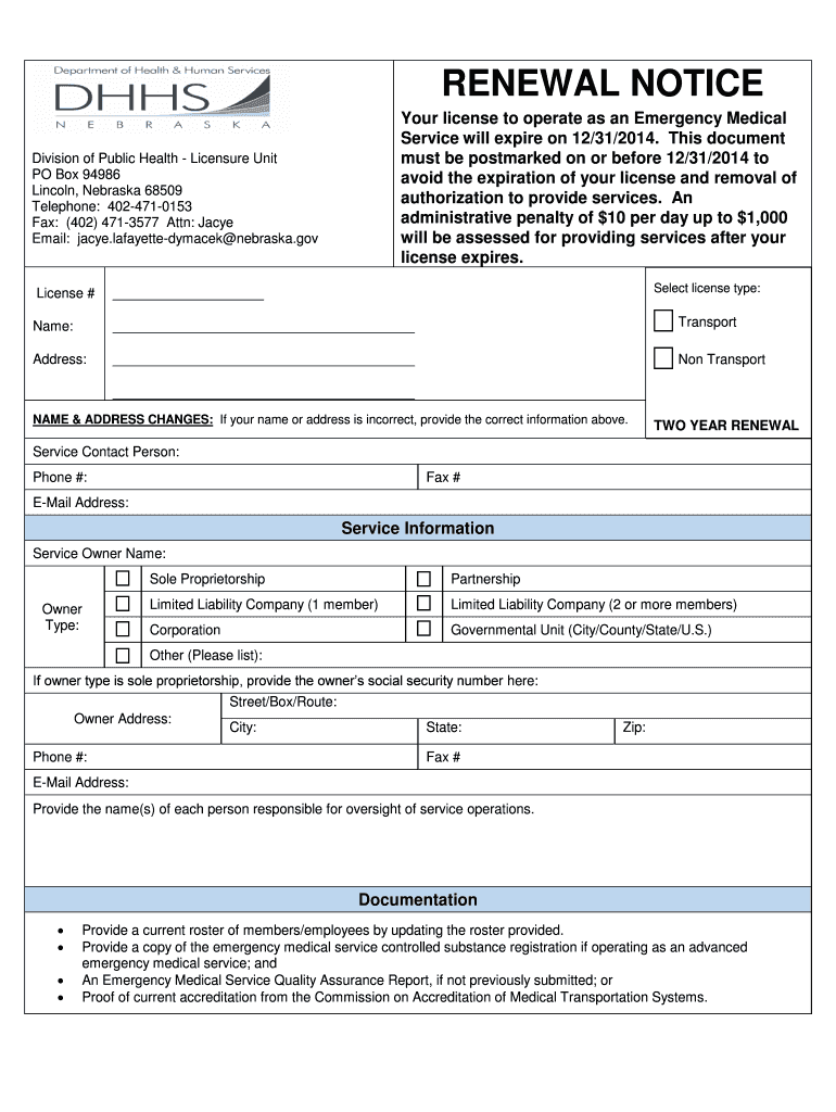 Fillable Online dhhs ne Your license to operate as an Emergency Medical Fax Email Print - pdfFiller