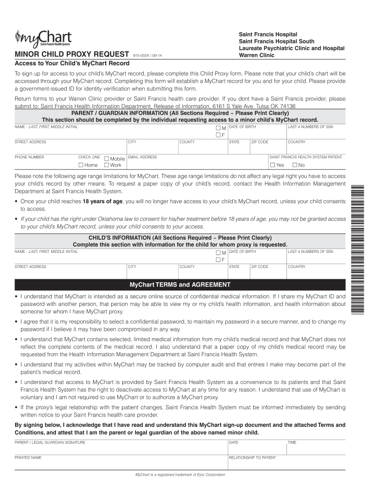 Fillable Online Add a child proxy. - MyChart - Saint Francis Health ...