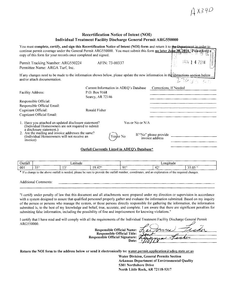 Fillable Online adeq state ar Recertification Notice of Intent (NOI ...