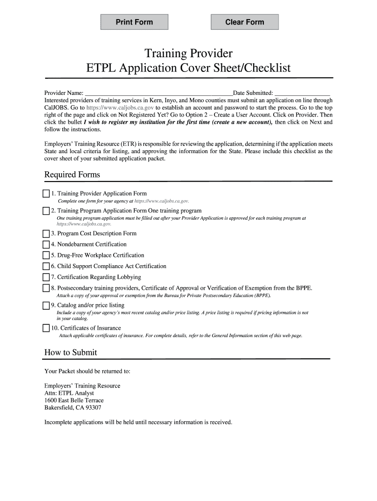 Fillable Online BApplicationb Cover SheetChecklist - Employers39 ...