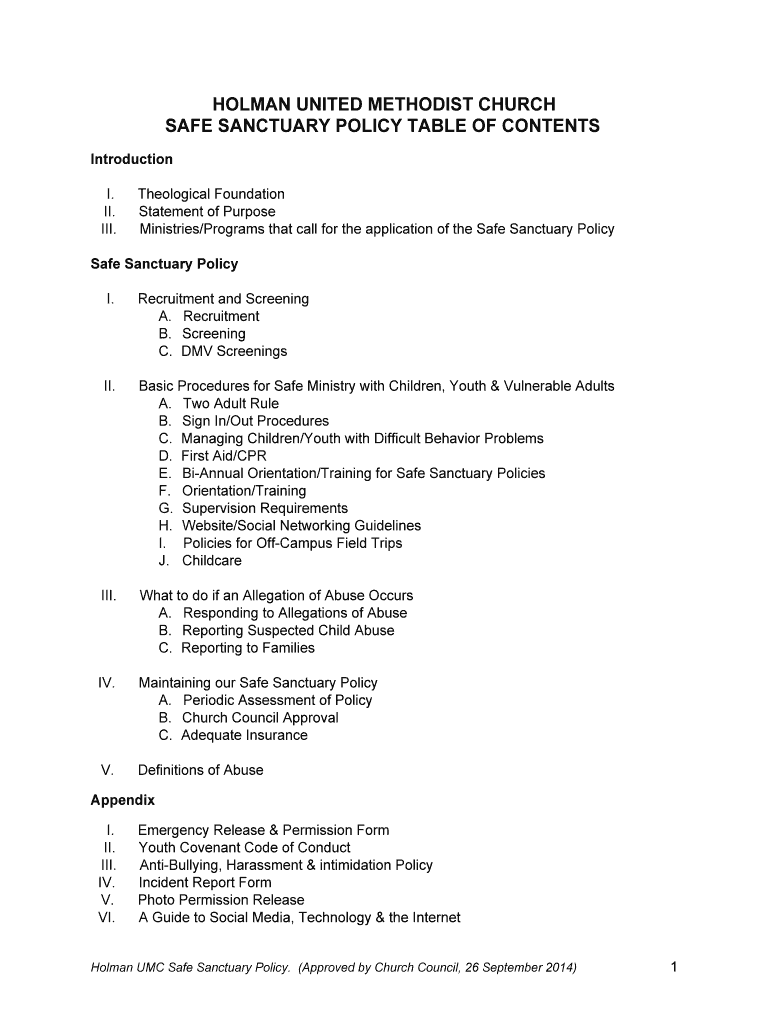 Fillable Online Holman united methodist church safe sanctuary policy table of contents Fax Email ...