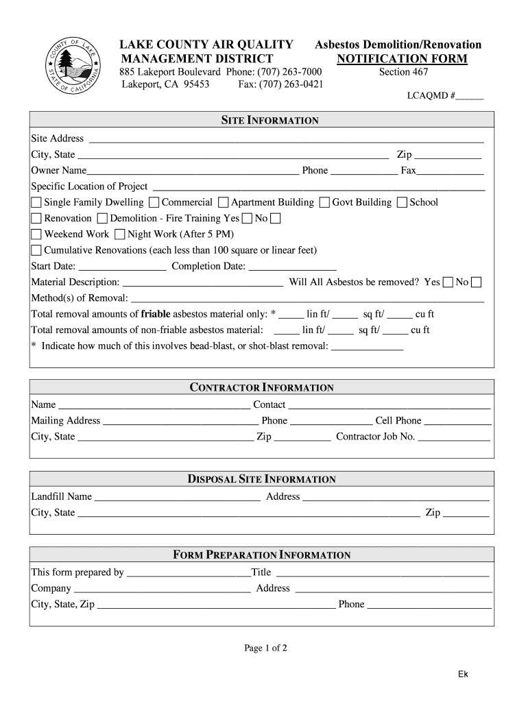 Fillable Online Demolition/Renovation Notification Form Asbestos NESHAP ...