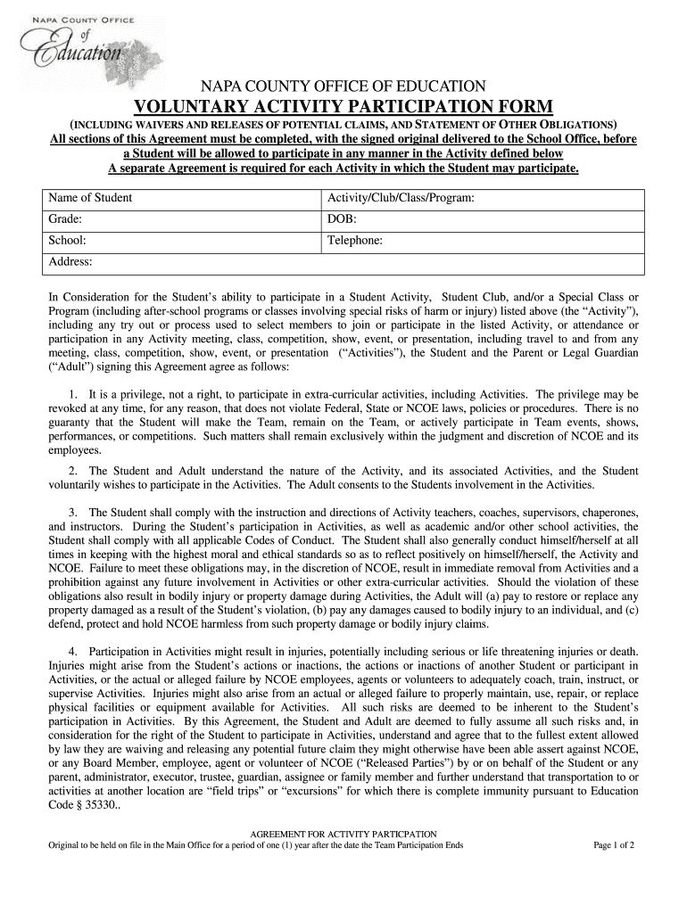 Fillable Online afterschoolnapavalley NCOE Voluntary Activity ...