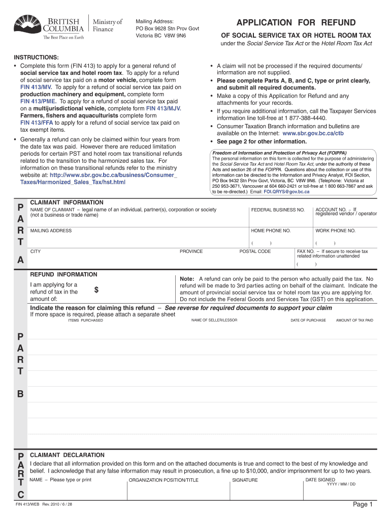 Fillable Online Form 413: Application for Refund of Social Service Tax ...