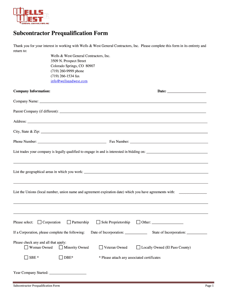 Fillable Online Subcontractor Prequalification Form - Wells & West ...